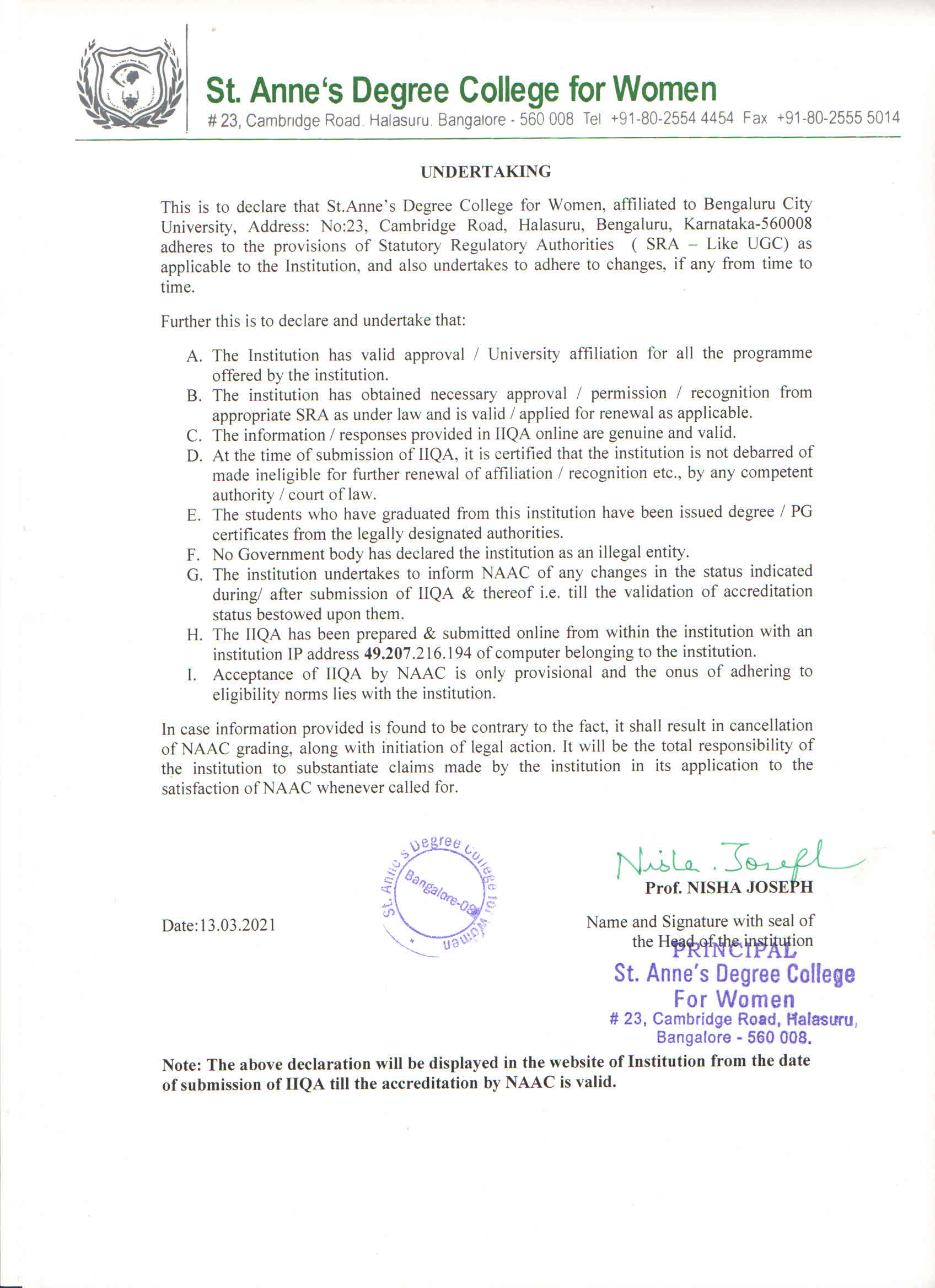 Undertaking – St.Annes Degree College for Women